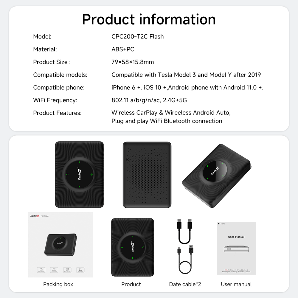 Carlinkit T2C Flash Tesla Upgrade With Wireless Carplay Adapter for Te ...