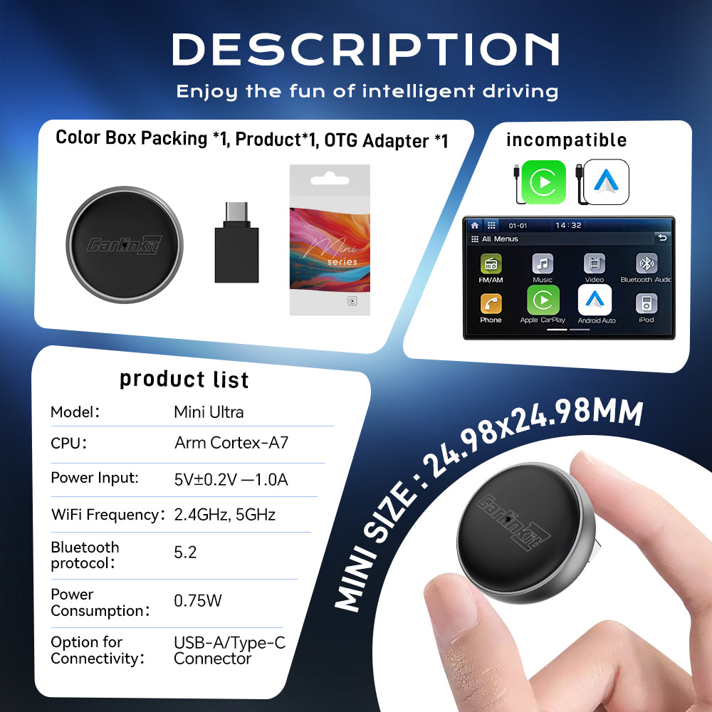 CarlinKit Mini Ultra 3 Wireless CarPlay & Android Auto Tiny Adapter ...